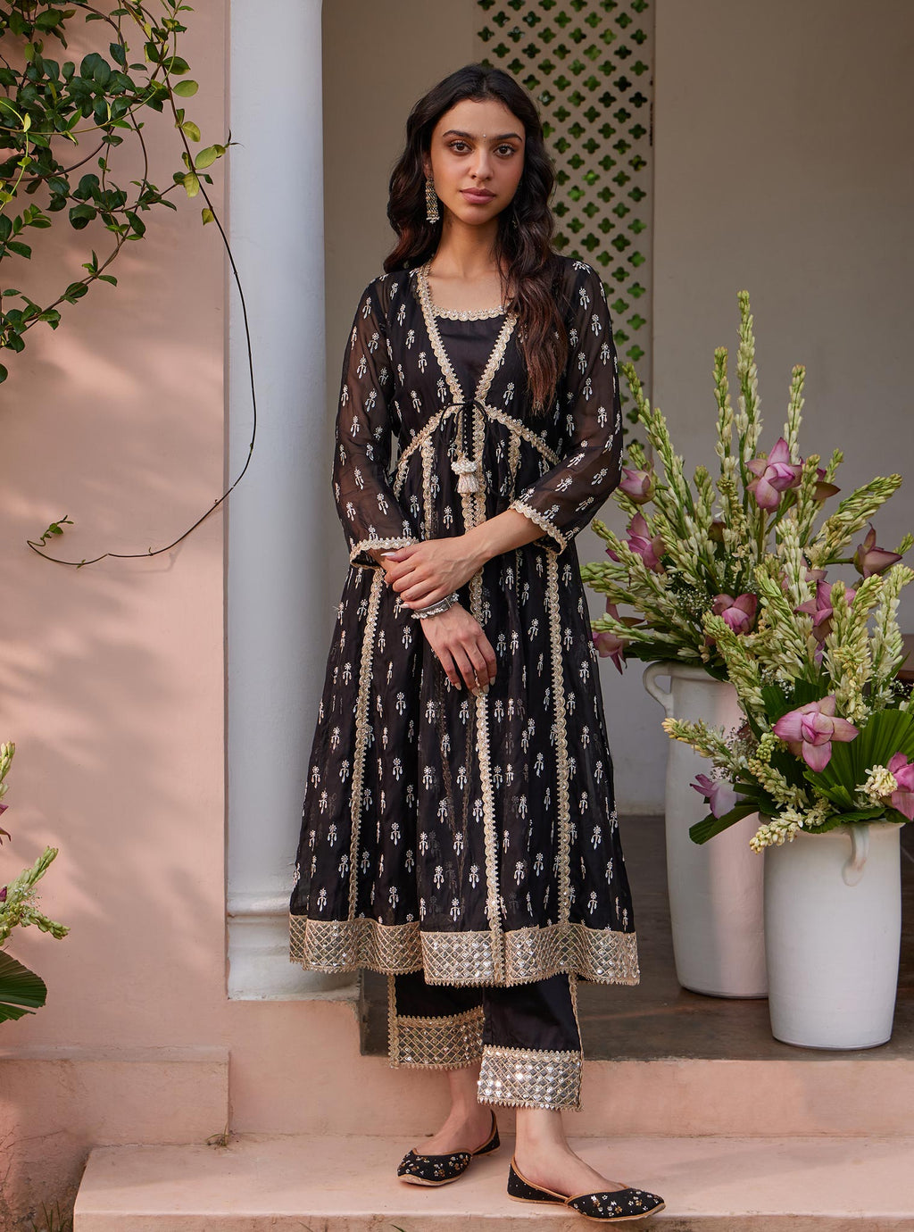 Mulmul Organza Samici Black Anarkali Kurta With Mulmul Pima Samici Bla
